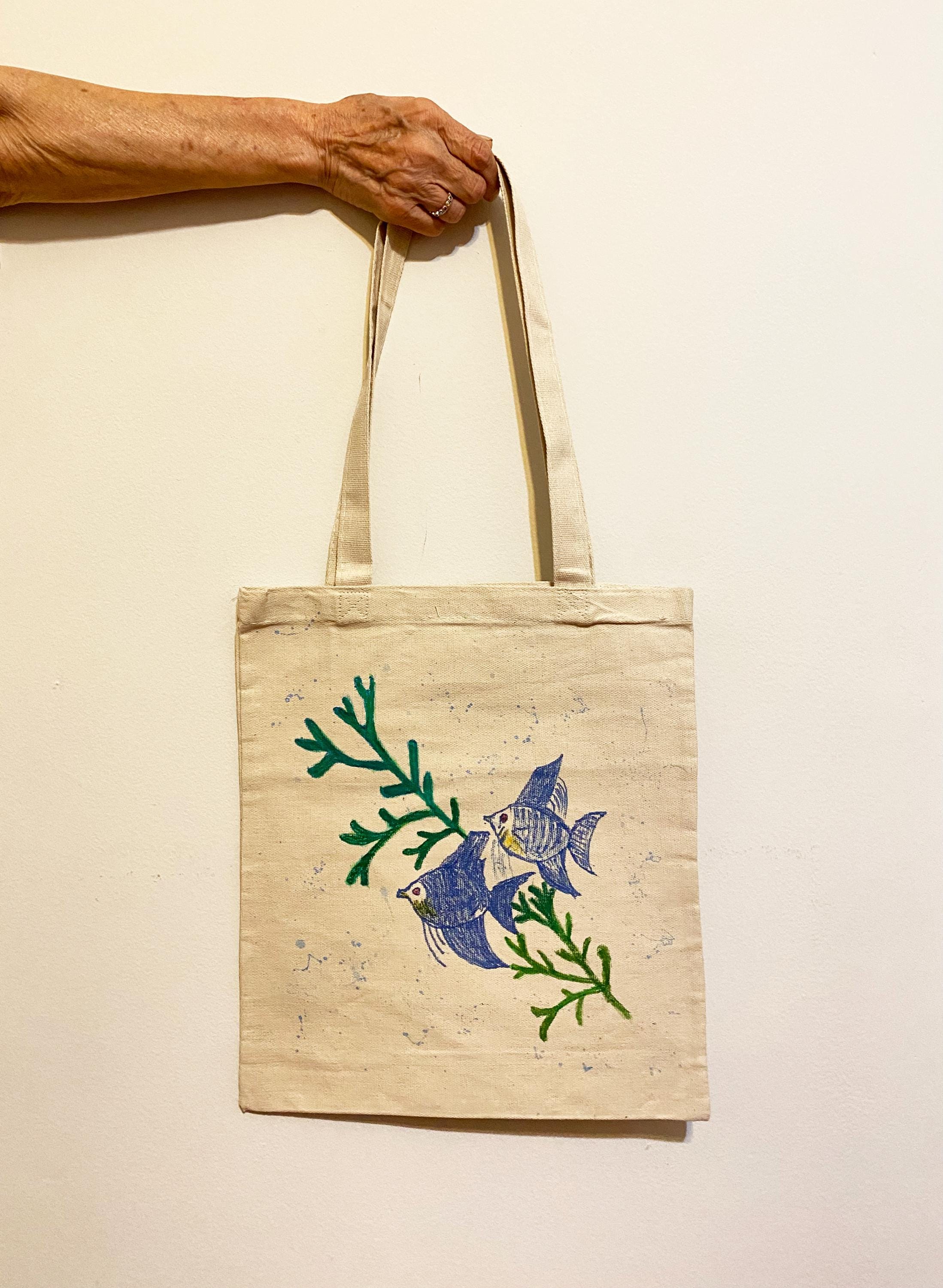 Blue Fish Canvas Hand Painted Bag, Everyday Bag, Bag for Laptop, Bag ...