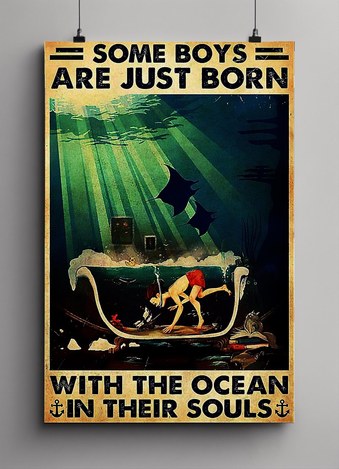 Boy Born With the Ocean, Scuba Diving Boy Poster, Vintage Art, Wall Art ...
