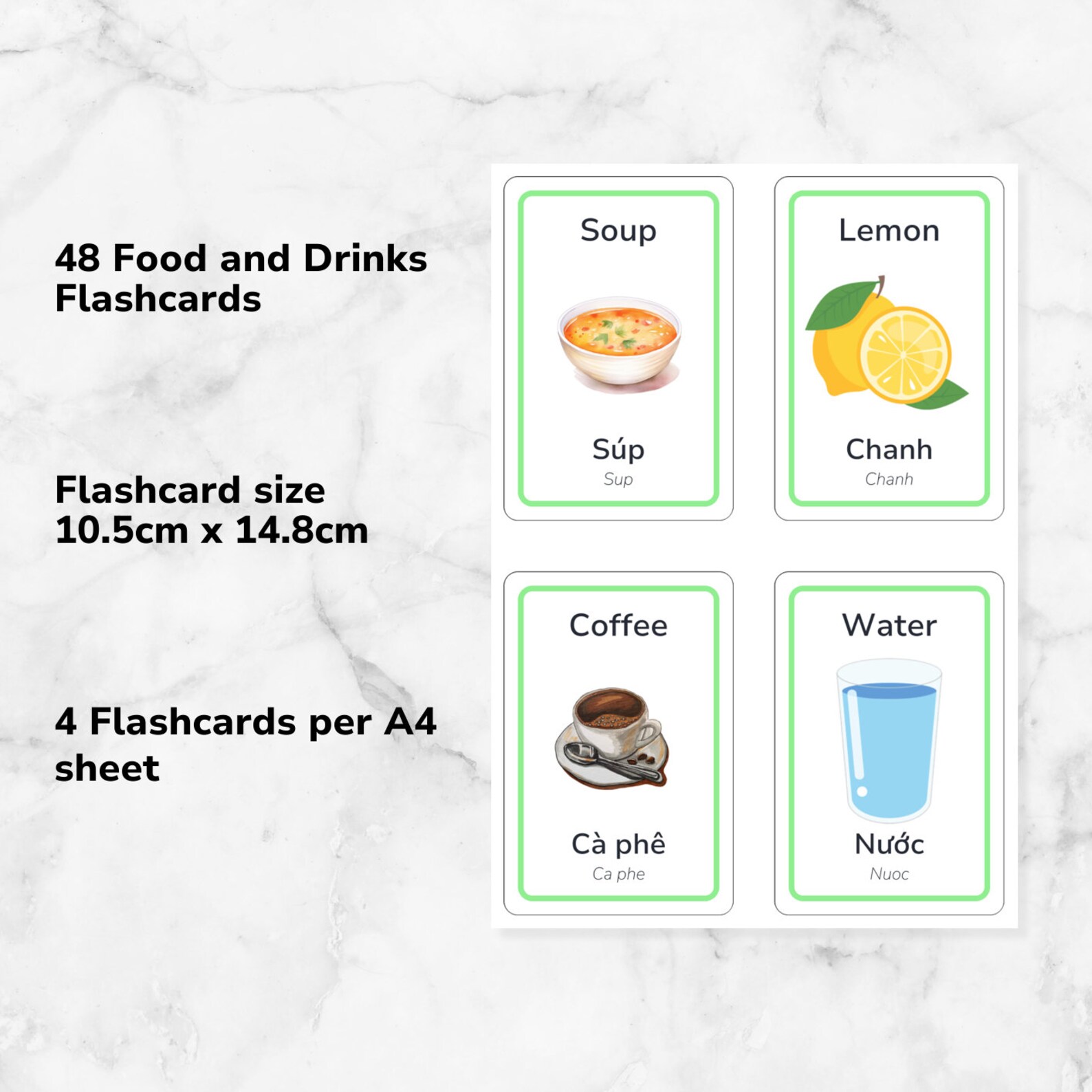 Vietnamese to English 48 Food and Drinks Themed Flashcards - Etsy