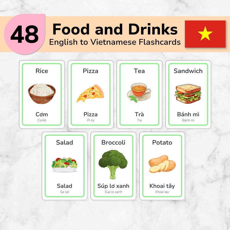 Vietnamese to English 48 Food and Drinks Themed Flashcards - Etsy