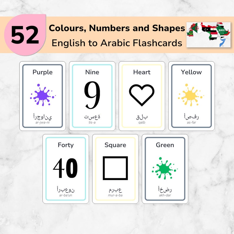 Arabic to English 52 Colours, Numbers and Shapes Themed Flashcards - Etsy