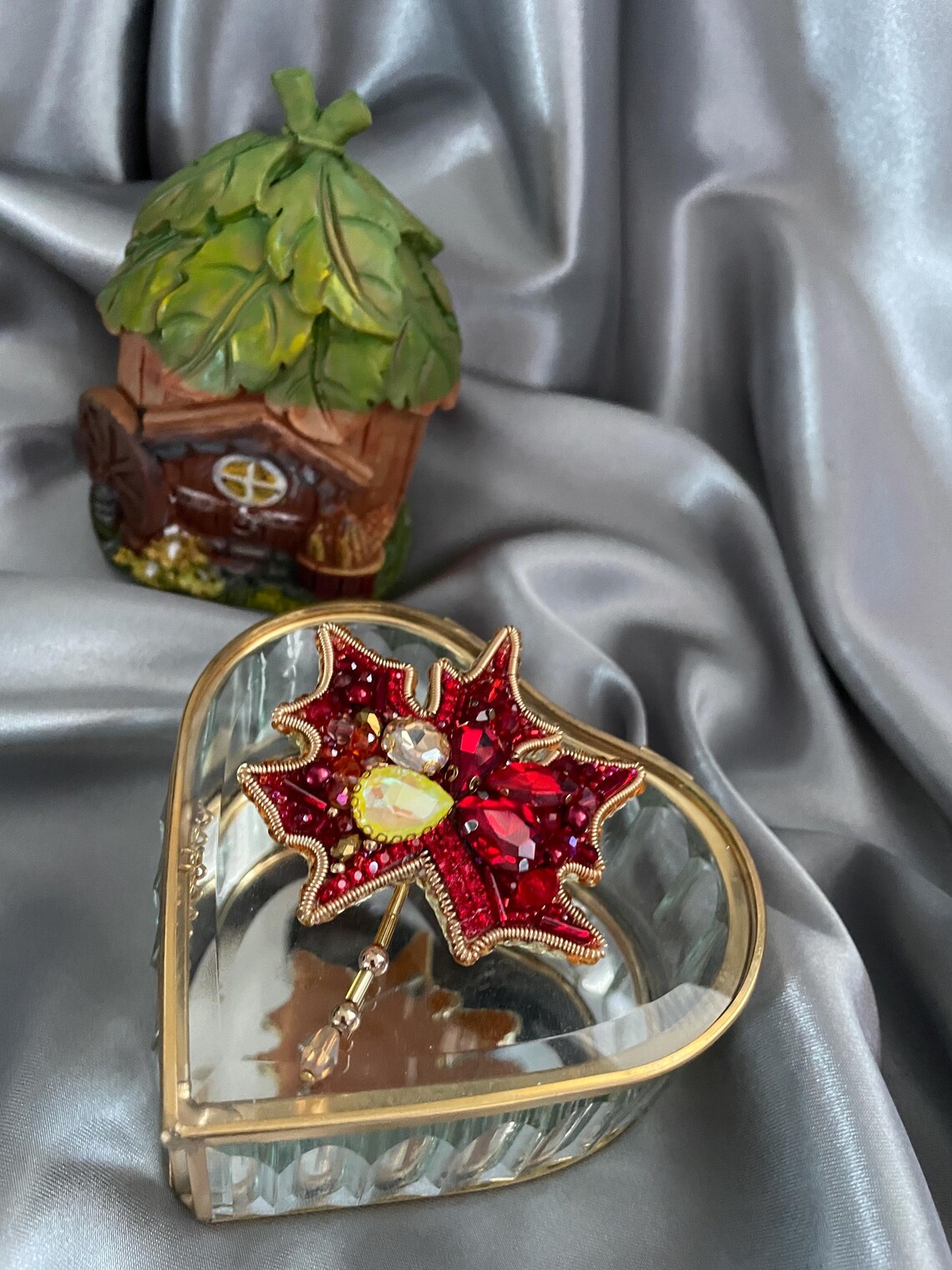 Red Crystal Leaf Brooch: Beaded Autumn Pin - Etsy