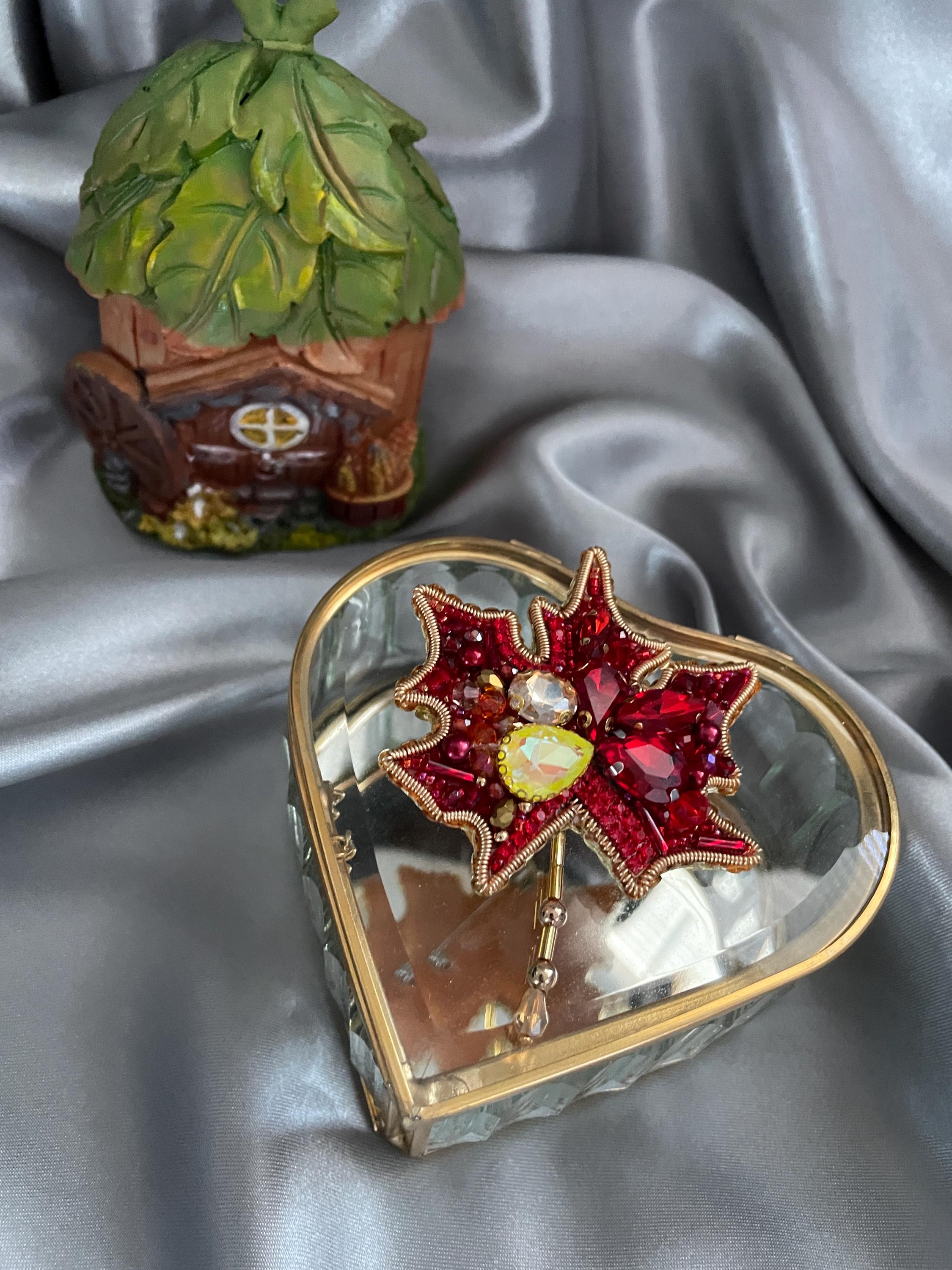 Red Crystal Leaf Brooch: Beaded Autumn Pin - Etsy