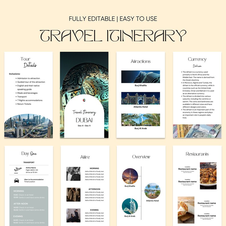 Travel Itinerary Dubai Template, Vacation Planner Template, Minimalist ...