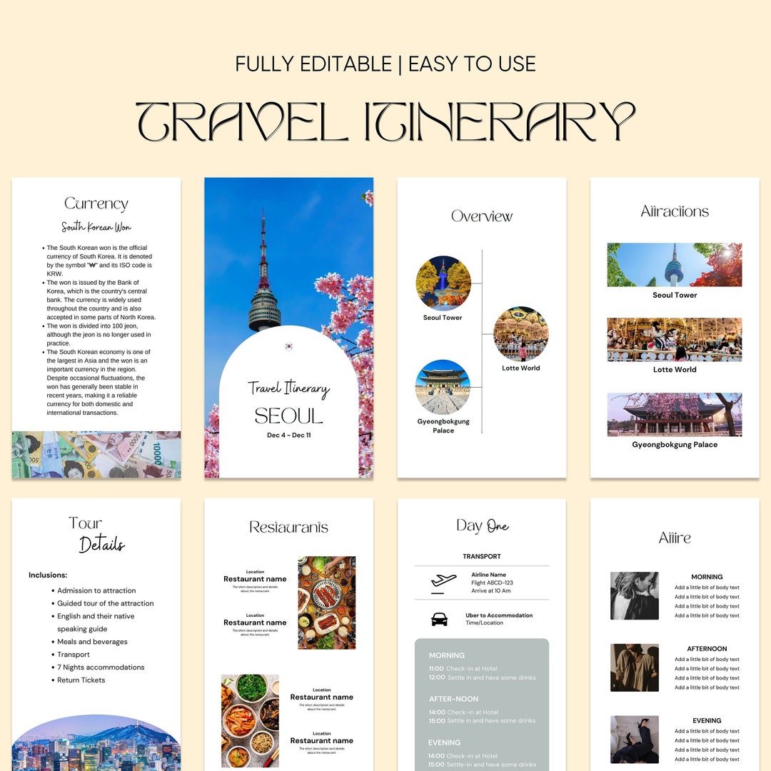 Travel Itinerary Seoul Template, Vacation Planner Template, Minimalist ...