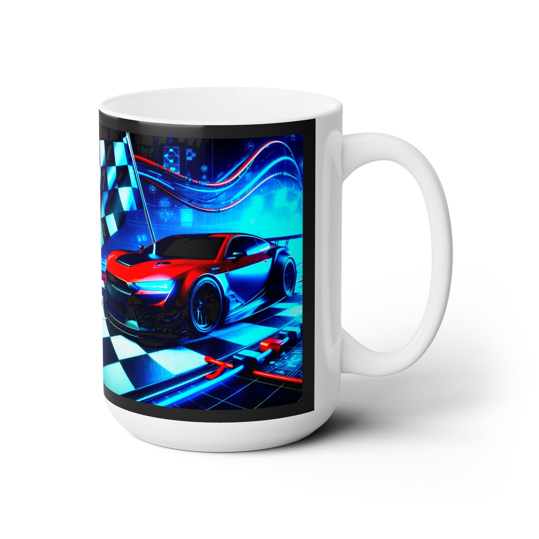 Red Race Car Charcoal Racing Flag Blue on White 15 Oz Mug Microwave and ...