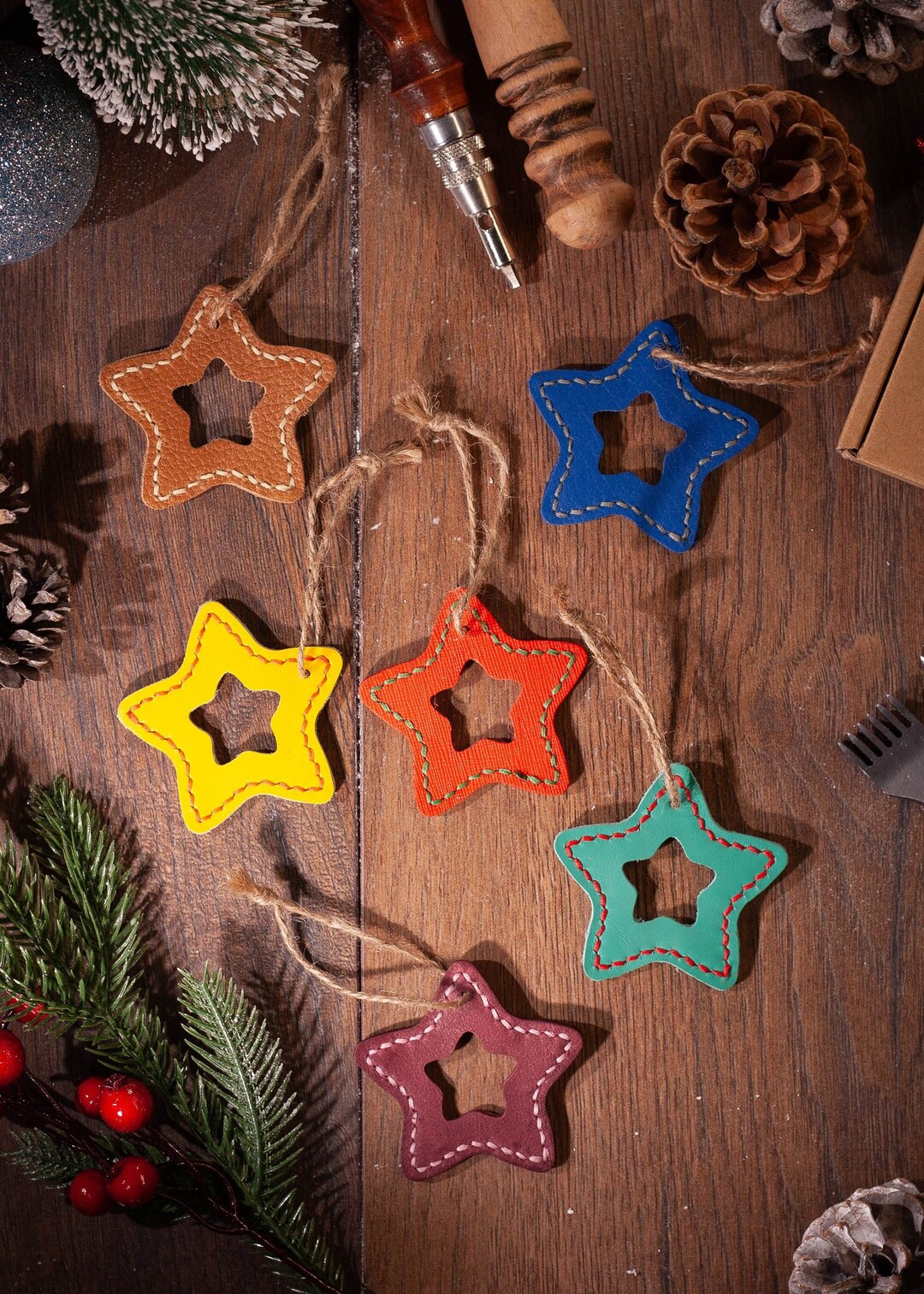 Set of 6 Handmade Leather Christmas Ornaments Star Shaped - Etsy