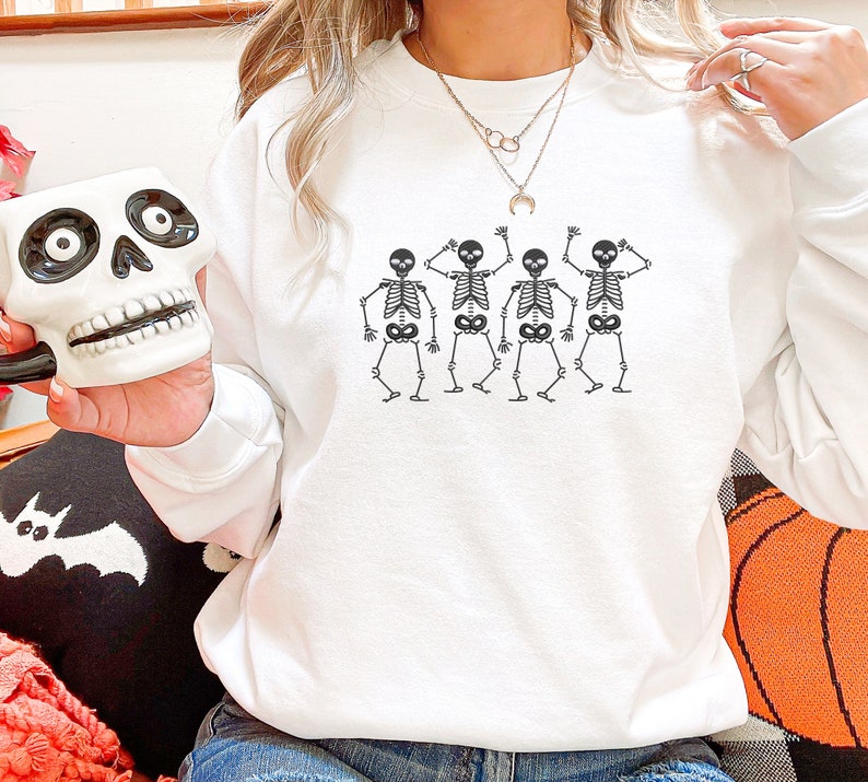 Skeleton Sweatshirt, Embroidered Dainty Halloween Crewneck Sweater ...