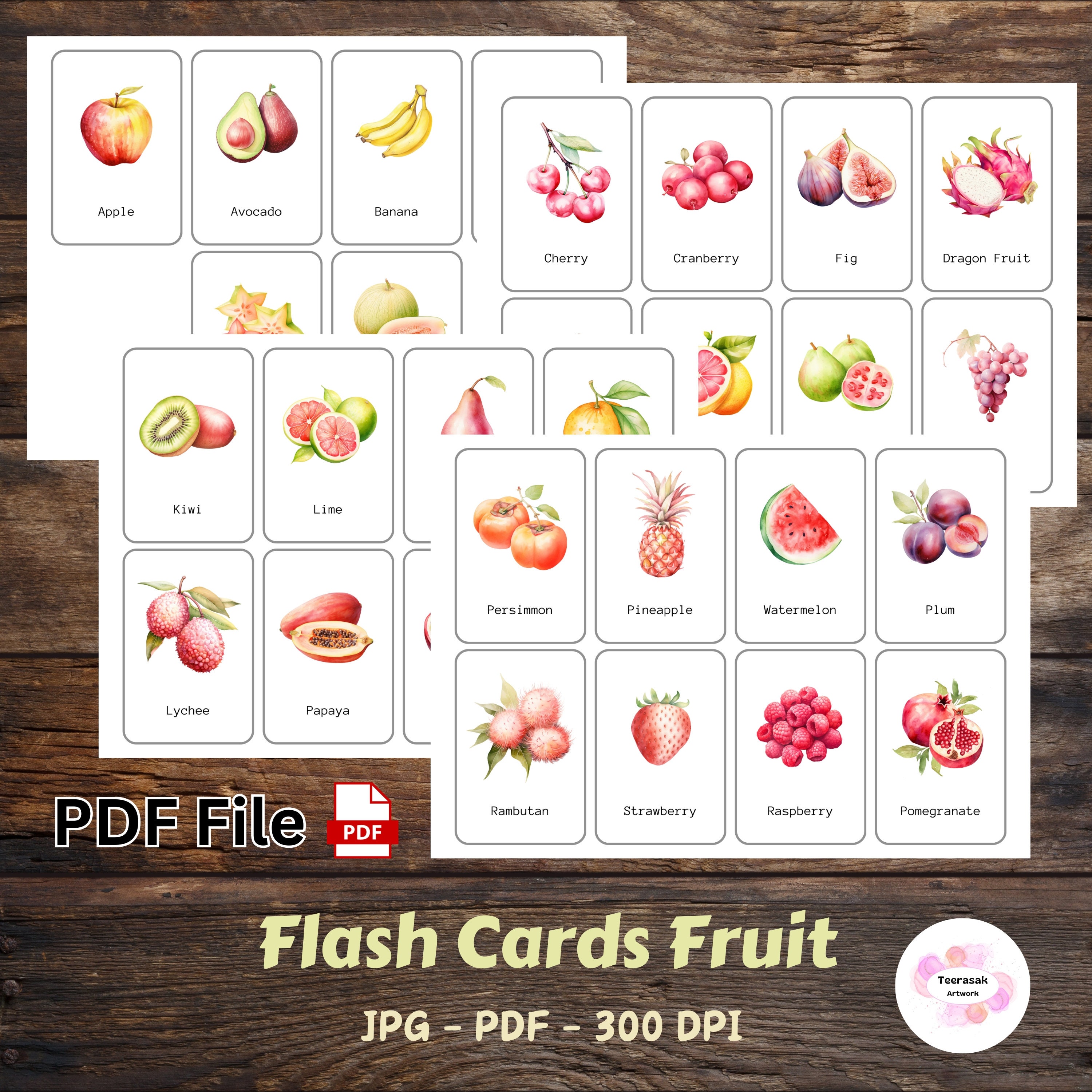 Flash Cards Fruits Printable Montessori Learning Nomenclature for Kids ...