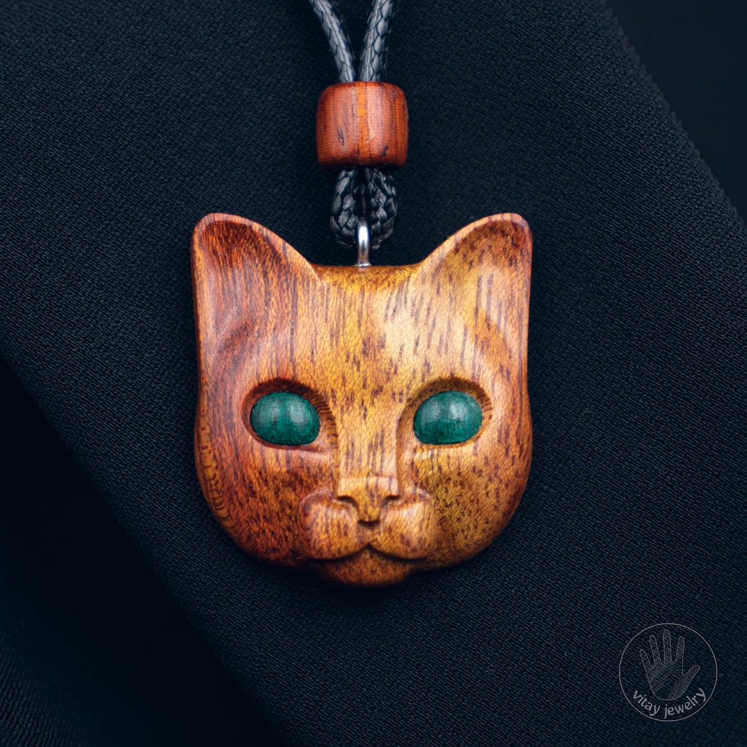 Minimalist Wooden Cat Head Pendant With Multi-colored Eyes, Cat Lover ...