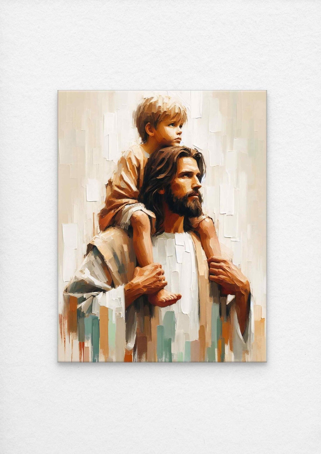 On His Shoulders, Jesus Christ and Little Boy, Christian Art, Bible Art ...