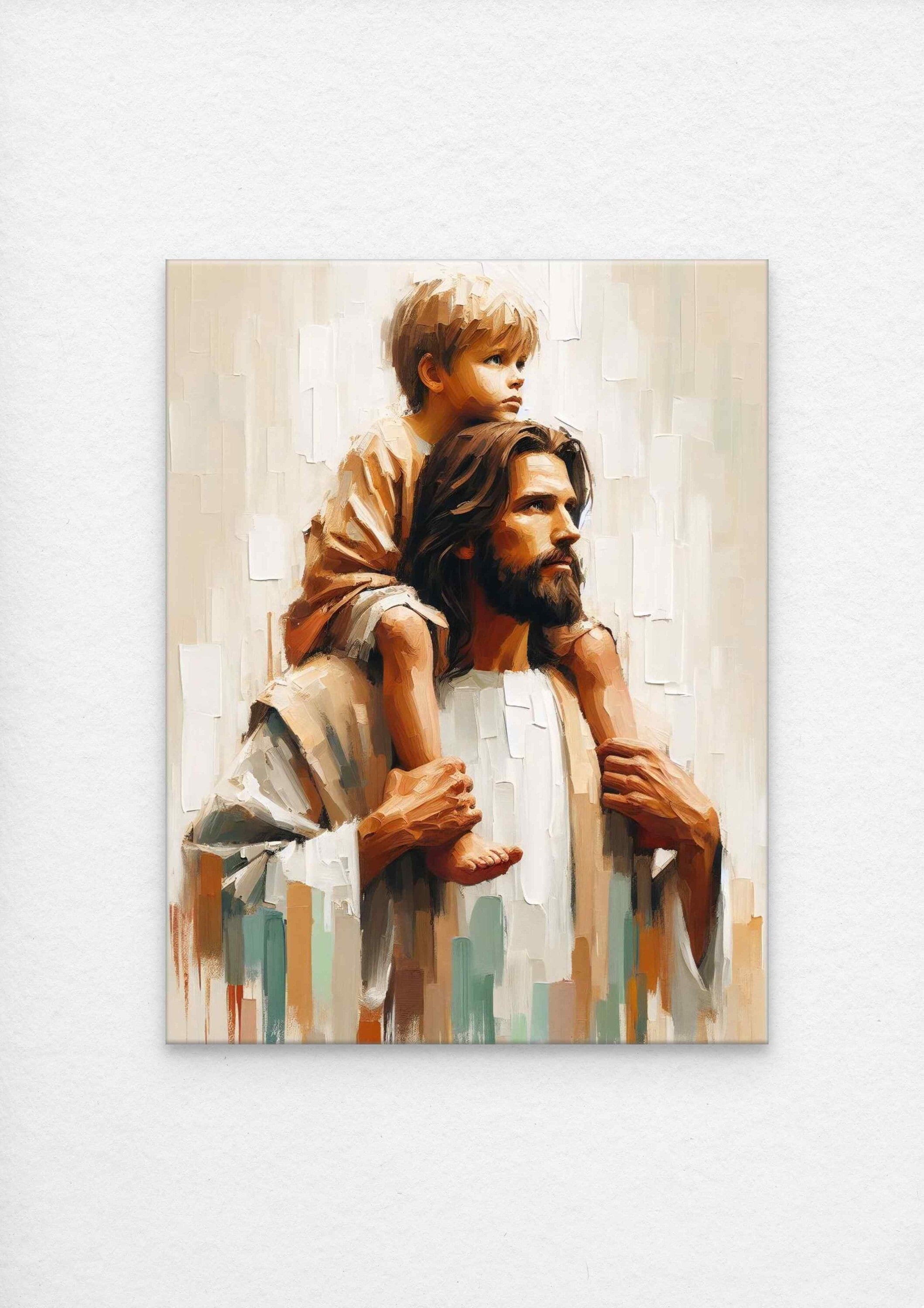 On His Shoulders, Jesus Christ and Little Boy, Christian Art, Bible Art ...