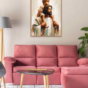 On His Shoulders, Jesus Christ and Little Boy, Christian Art, Bible Art ...