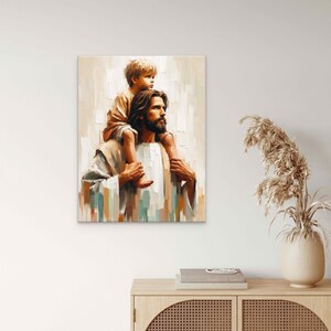 On His Shoulders, Jesus Christ and Little Boy, Christian Art, Bible Art ...