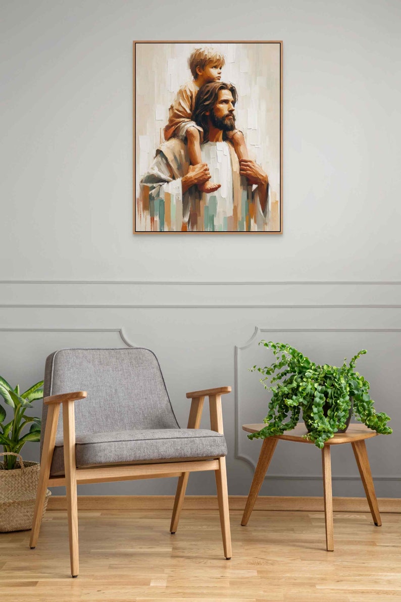 On His Shoulders, Jesus Christ and Little Boy, Christian Art, Bible Art ...