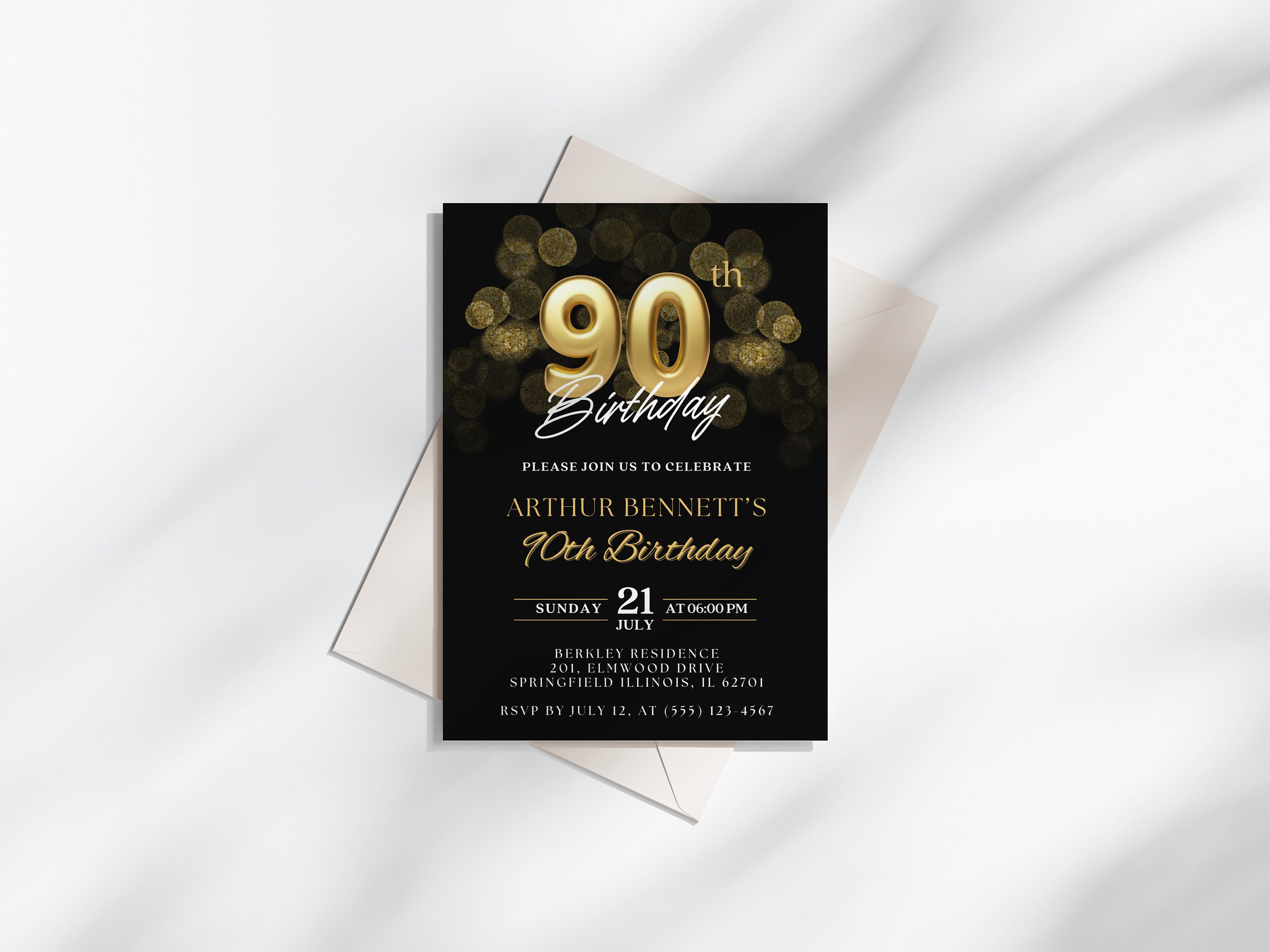 90th Birthday Invitation for Men, Surprise Birthday, Black and Gold ...