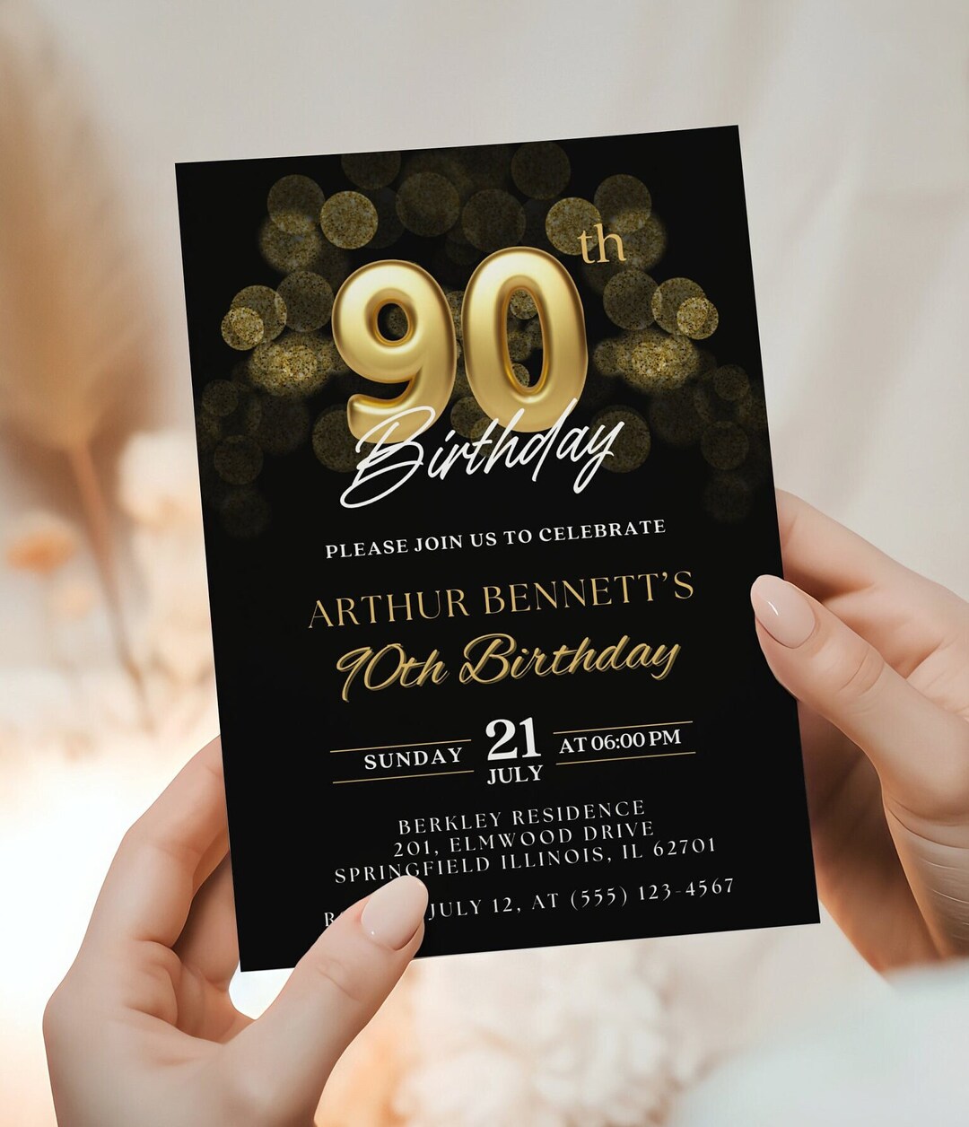 90th Birthday Invitation for Men, Surprise Birthday, Black and Gold ...