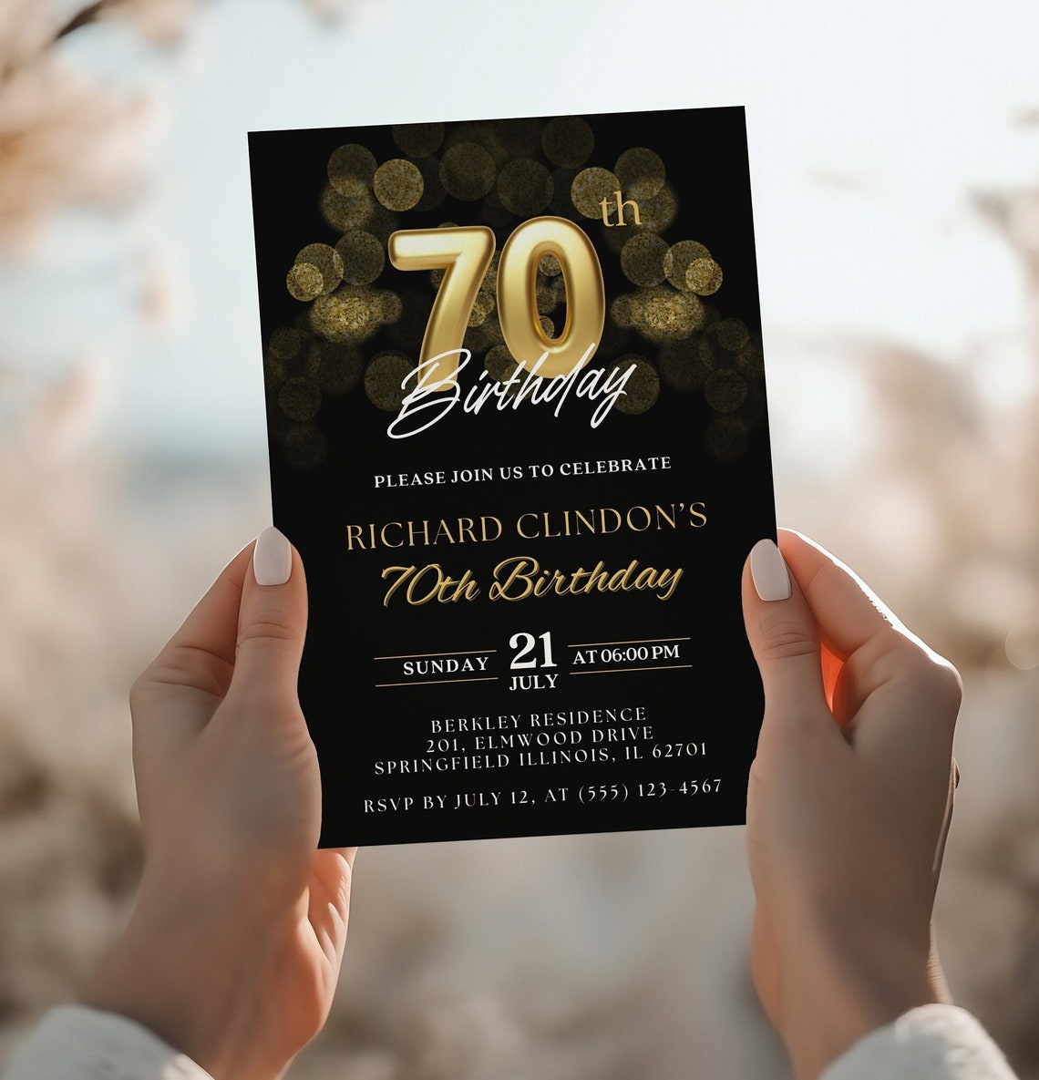 70th Birthday Invitation for Men, Surprise Birthday, Black and Gold ...