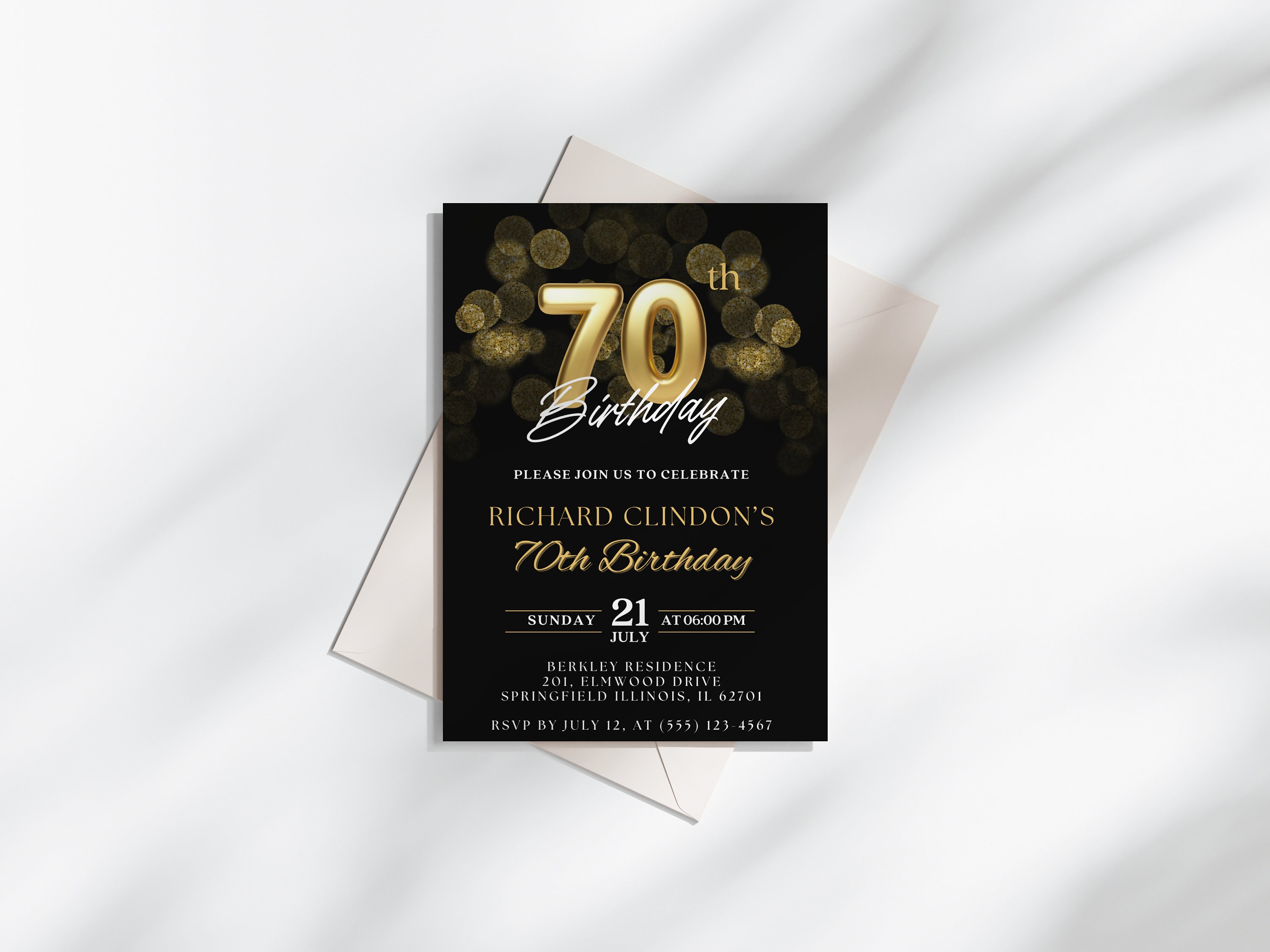 70th Birthday Invitation for Men, Surprise Birthday, Black and Gold ...