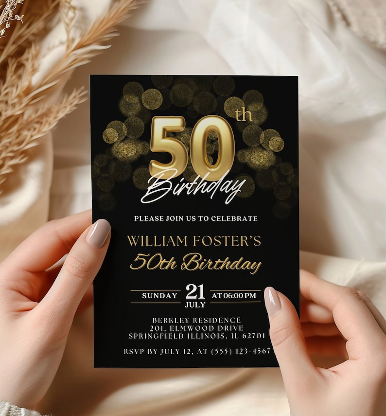 50th Birthday Invitation for Men, Surprise Birthday, Black and Gold ...