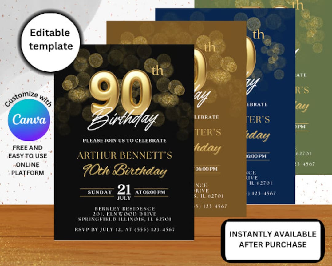 90th Birthday Invitation for Men, Surprise Birthday Gift, Black and ...