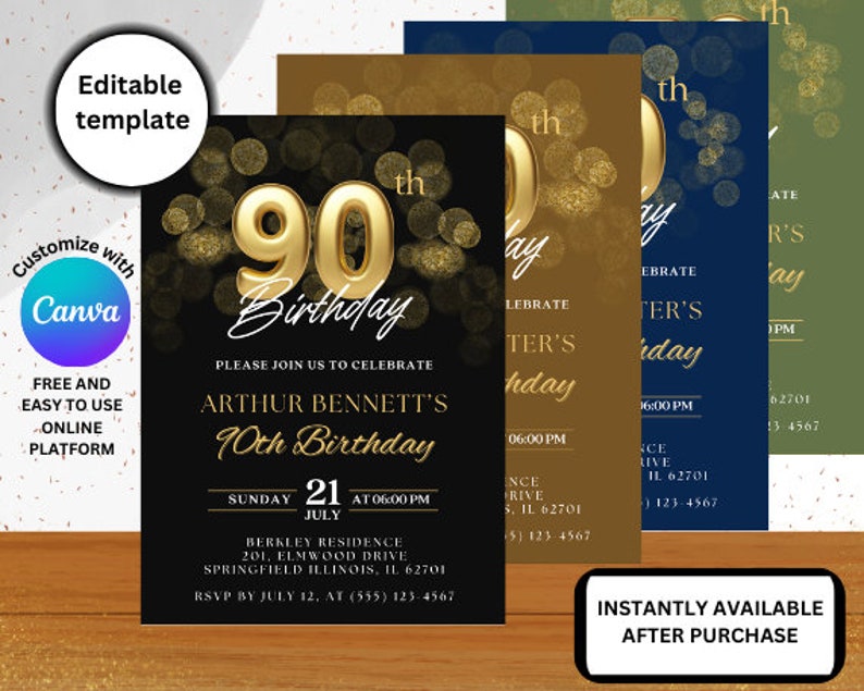90th Birthday Invitation for Men, Surprise Birthday Gift, Black and ...