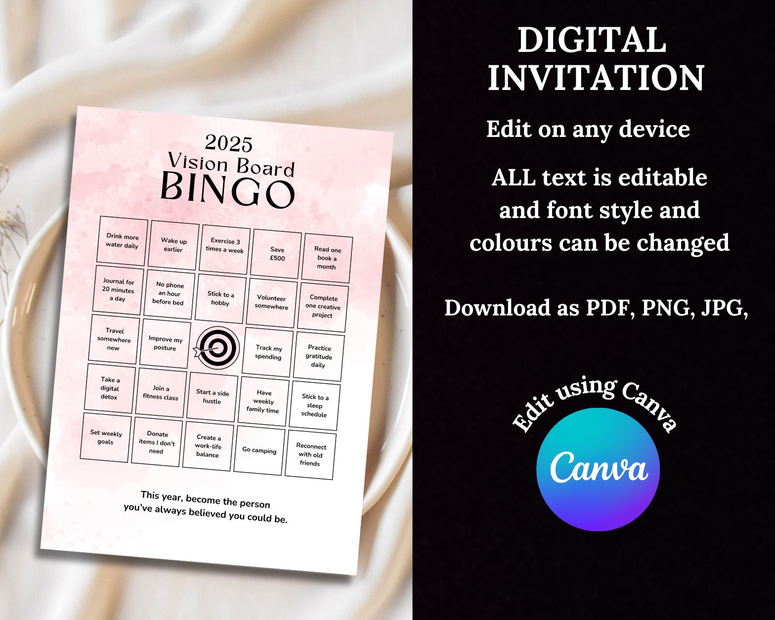 2025 Bingo Card Vision Board Bingo Template Printable 2025 New Year ...