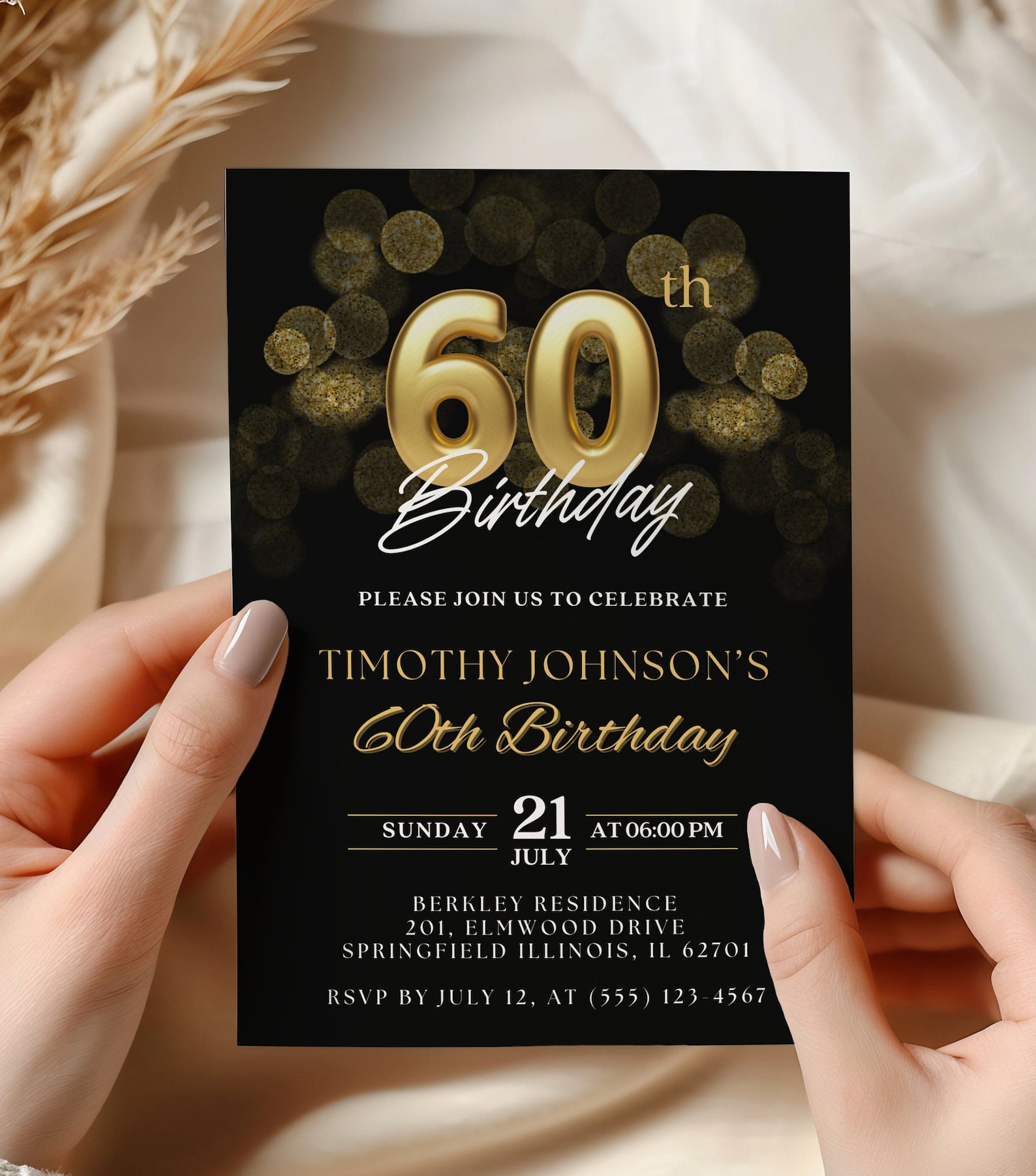 60th Birthday Invitation for Men, Surprise Birthday, Black and Gold ...