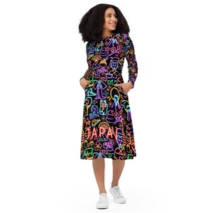 Japanese Neon Long Sleeve Midi Dress, Christmas Neon , Japanese Neon ...