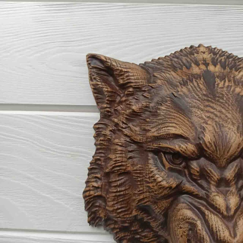 Bas-relief: Wolf's Head. Strength and Honor. Wolf Head. Wooden Wall Bas ...