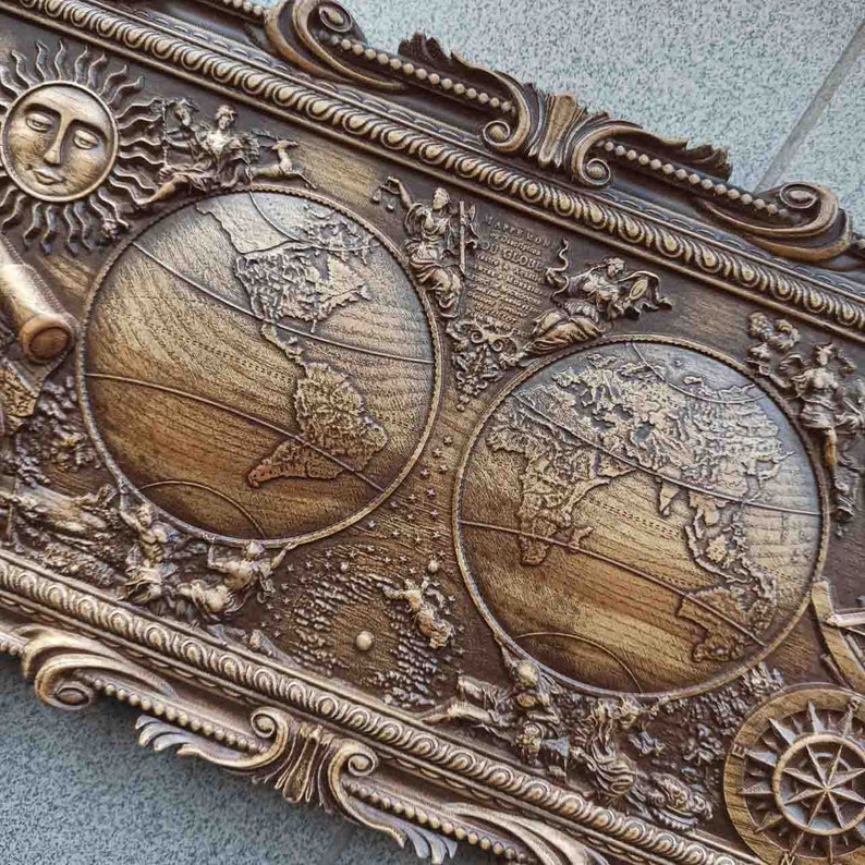 Map of the World. Wooden Wall Carved Panel. Map of the World Carved ...
