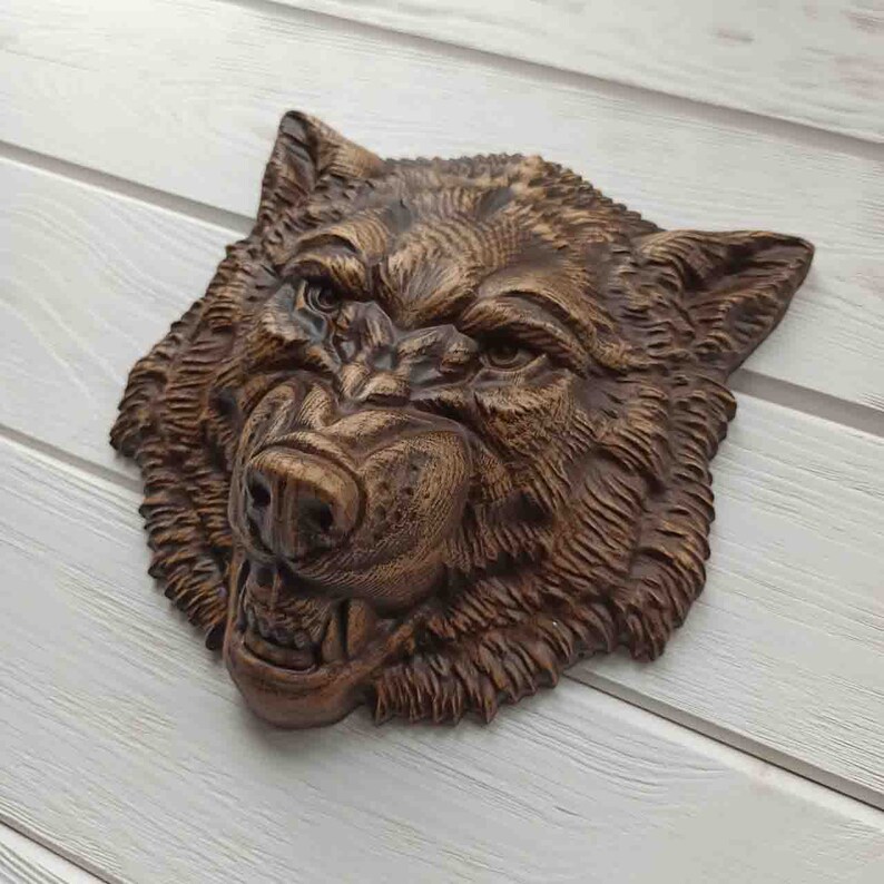 Bas-relief: Wolf's Head. Strength and Honor. Wolf Head. Wooden Wall Bas ...