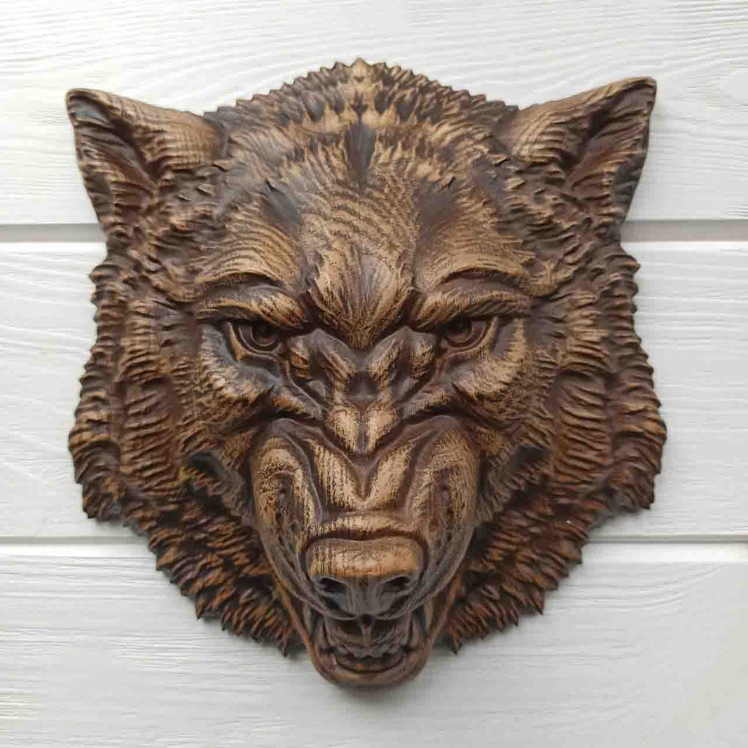 Bas-relief: Wolf's Head. Strength and Honor. Wolf Head. Wooden Wall Bas ...
