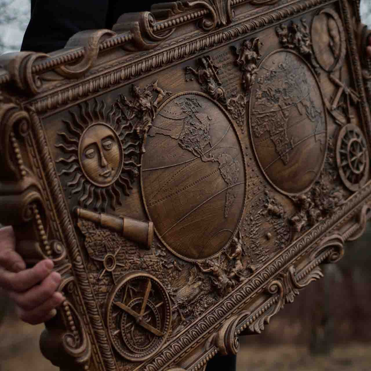 Map of the World. Wooden Wall Carved Panel. Map of the World Carved ...