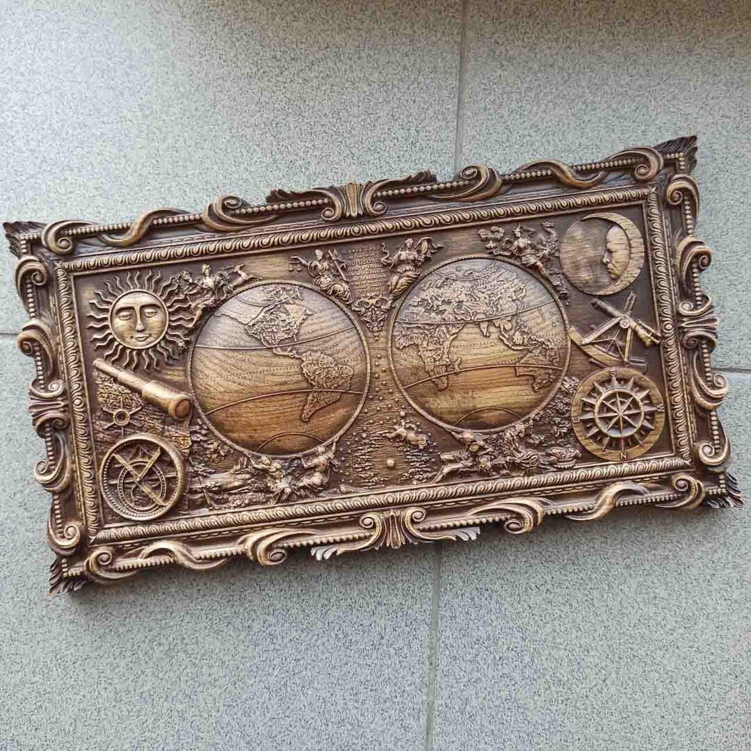Map of the World. Wooden Wall Carved Panel. Map of the World Carved ...