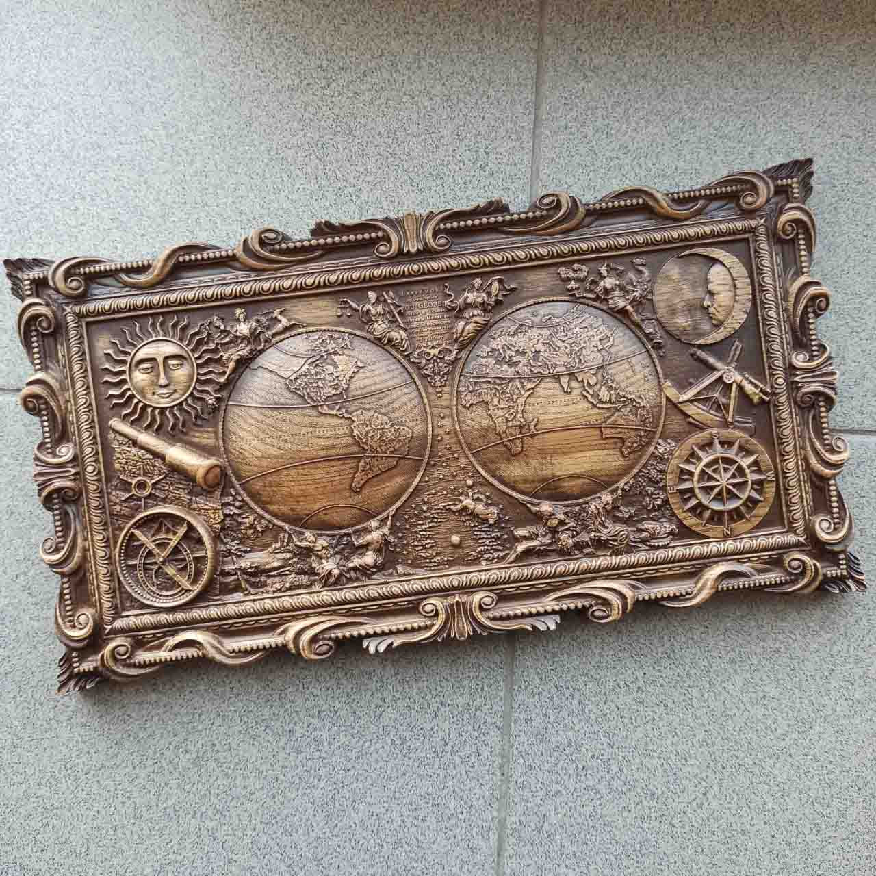 Map of the World. Wooden Wall Carved Panel. Map of the World Carved ...