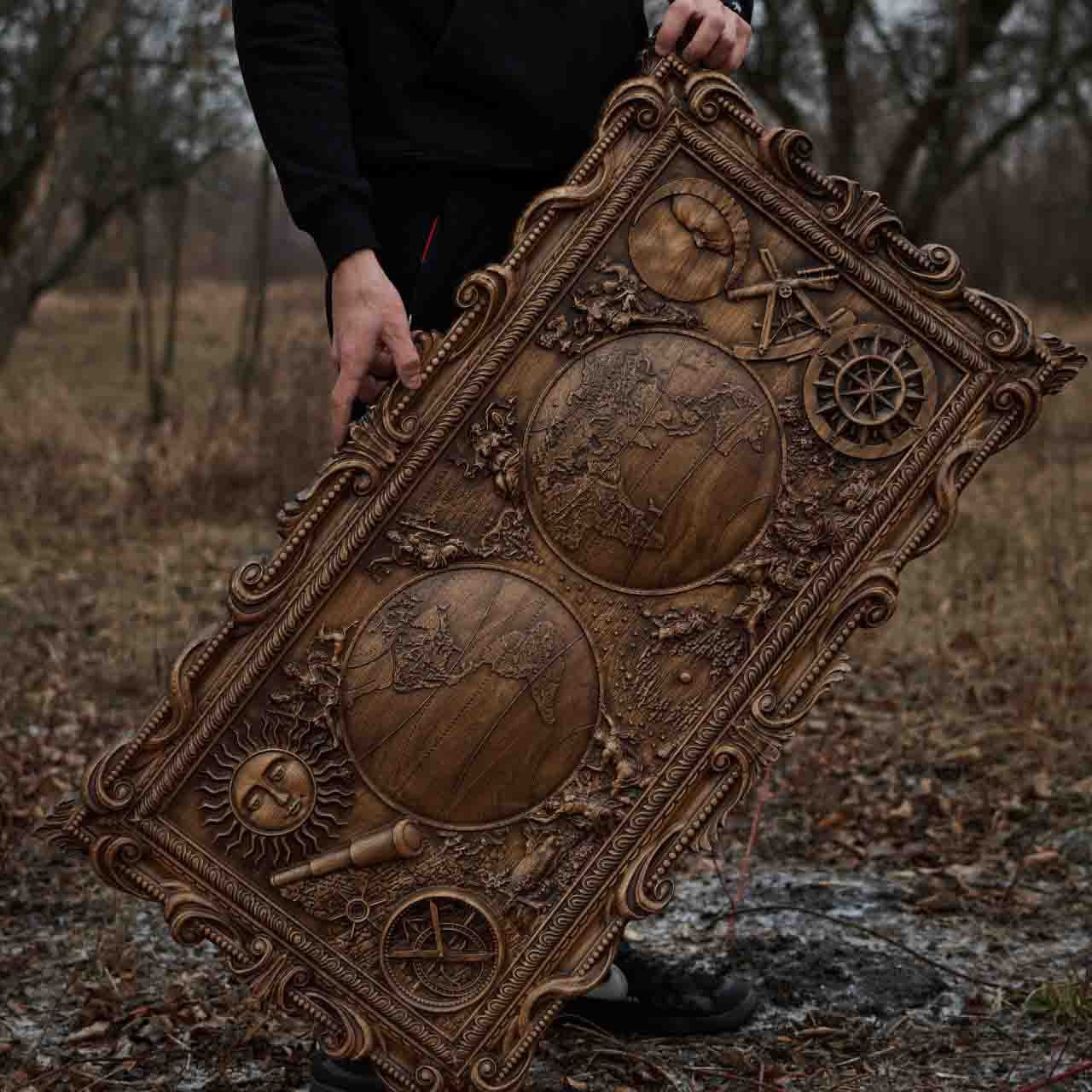 Map of the World. Wooden Wall Carved Panel. Map of the World Carved ...