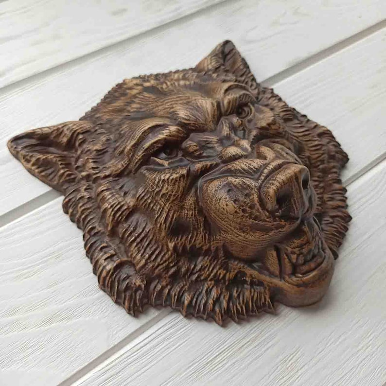 Bas-relief: Wolf's Head. Strength and Honor. Wolf Head. Wooden Wall Bas ...