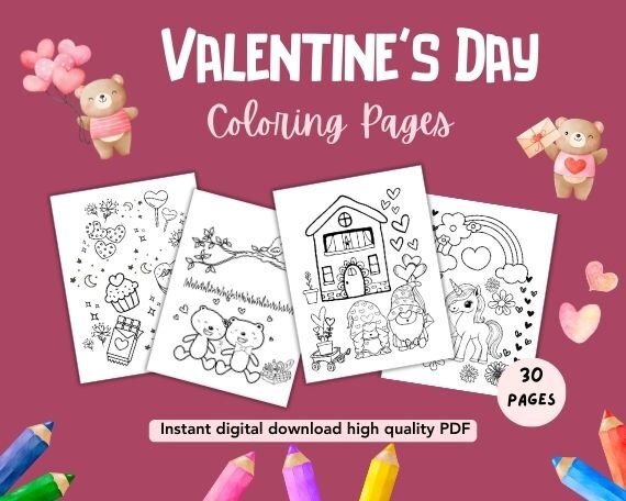 30 Valentine's Day Coloring Pages, Instant Download, Valentine Coloring ...