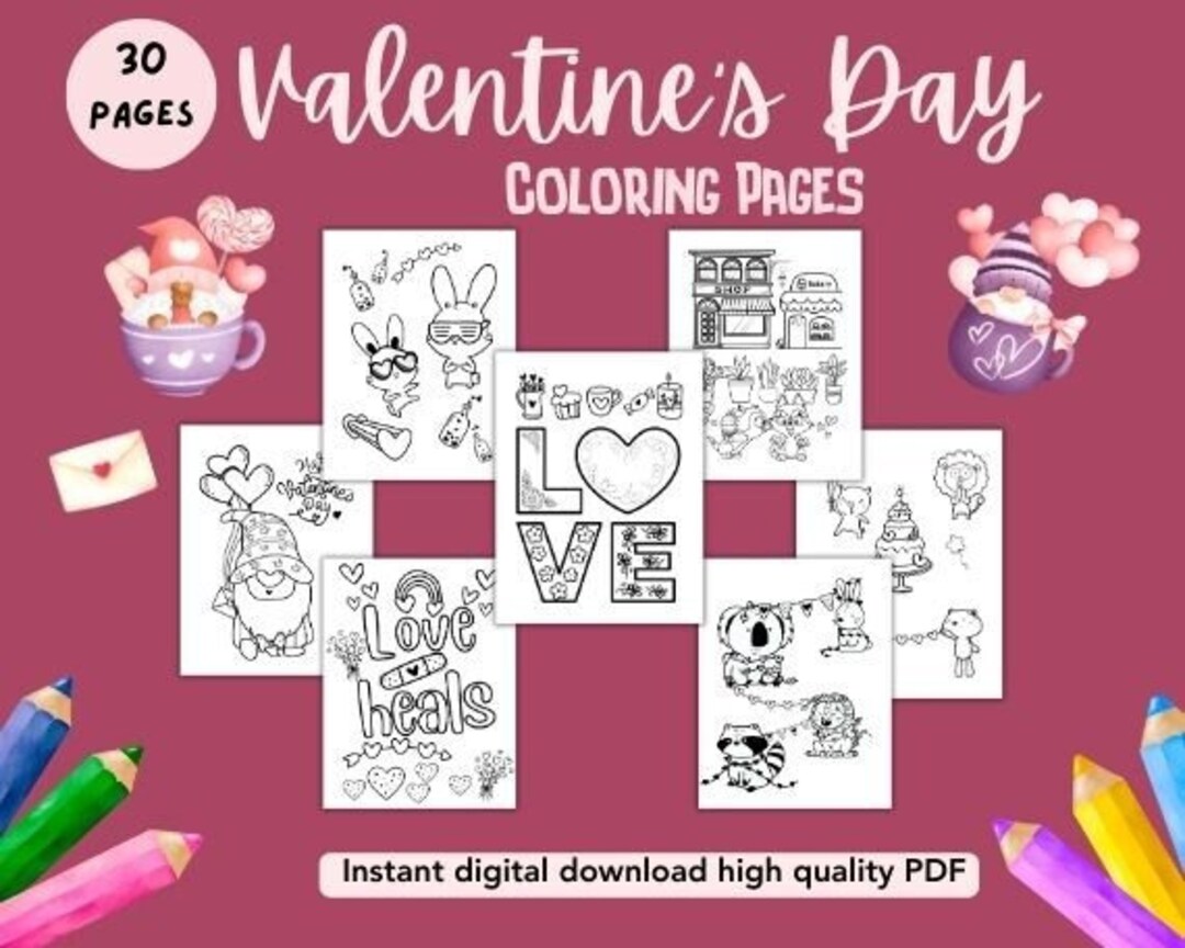 30 Valentine's Day Coloring Pages, Instant Download, Valentine Coloring ...