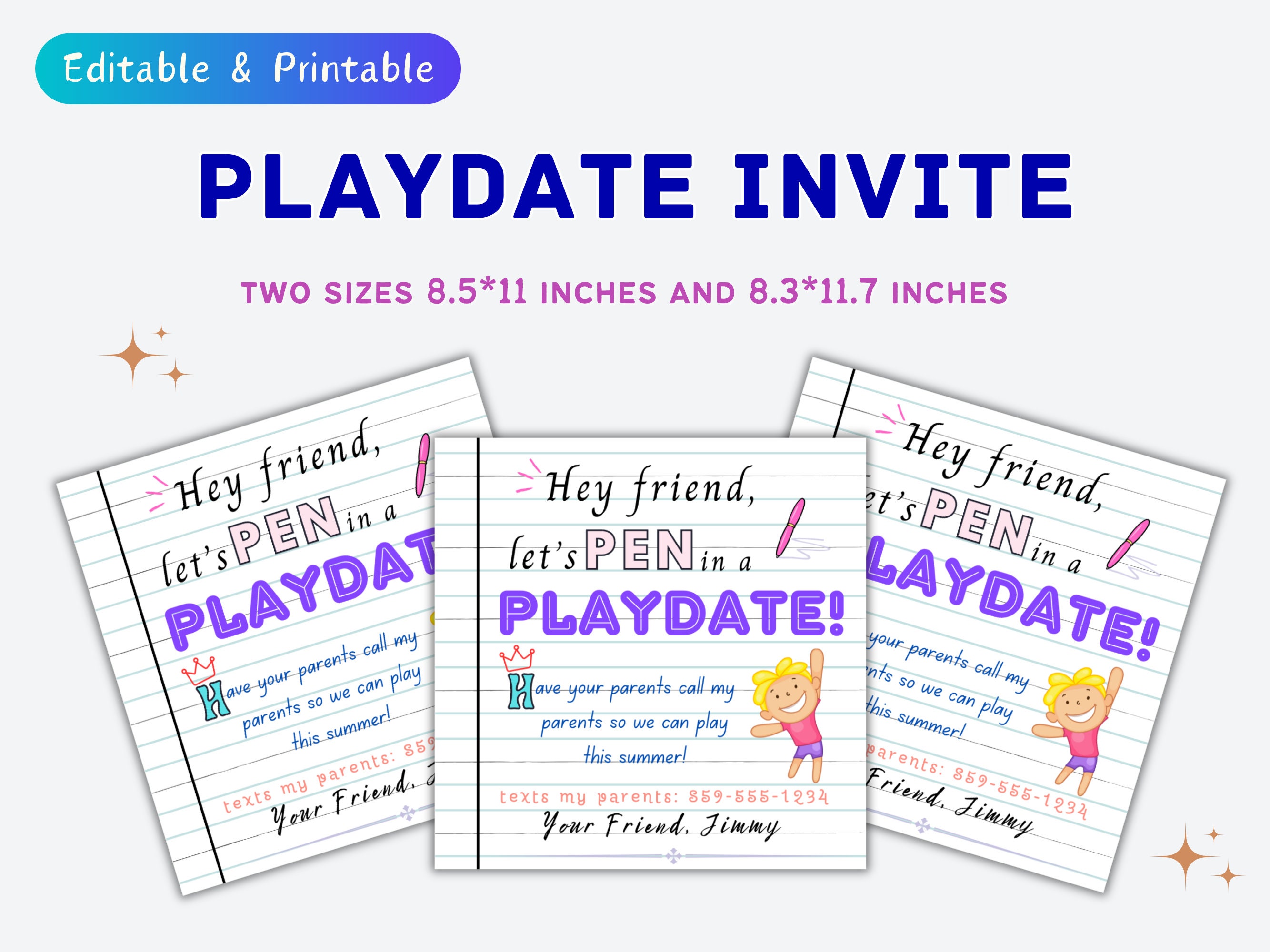 Editable Printable Playdate Invite Cards for Kids Summer - Etsy