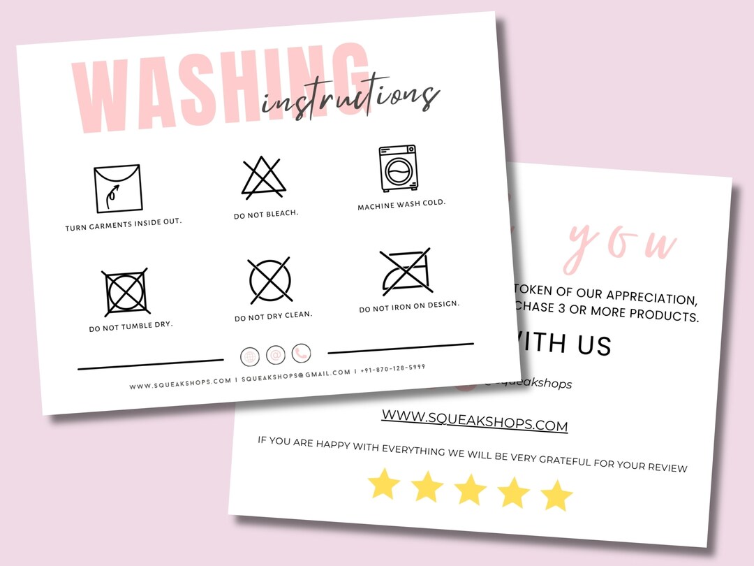 Printable Washing Instructions Card, Shirt Packaging Insert, Care Cards ...