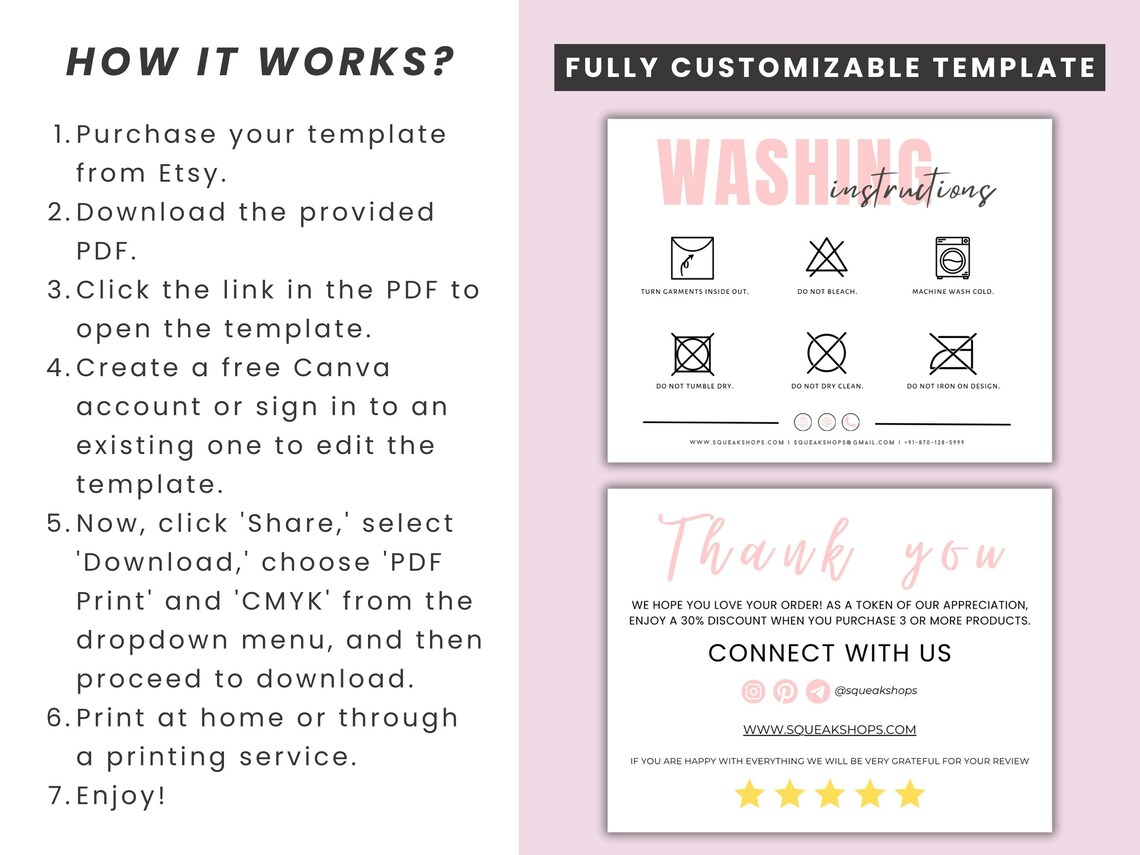 Printable Washing Instructions Card, Shirt Packaging Insert, Care Cards ...