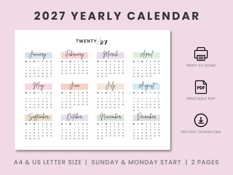2027 Yearly Calendar: Landscape Planner, A4/letter Size (printable PDF ...