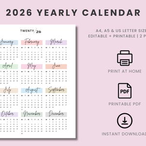 2026 Yearly Calendar Printable: A4, A5, Letter Size (PDF) - Etsy
