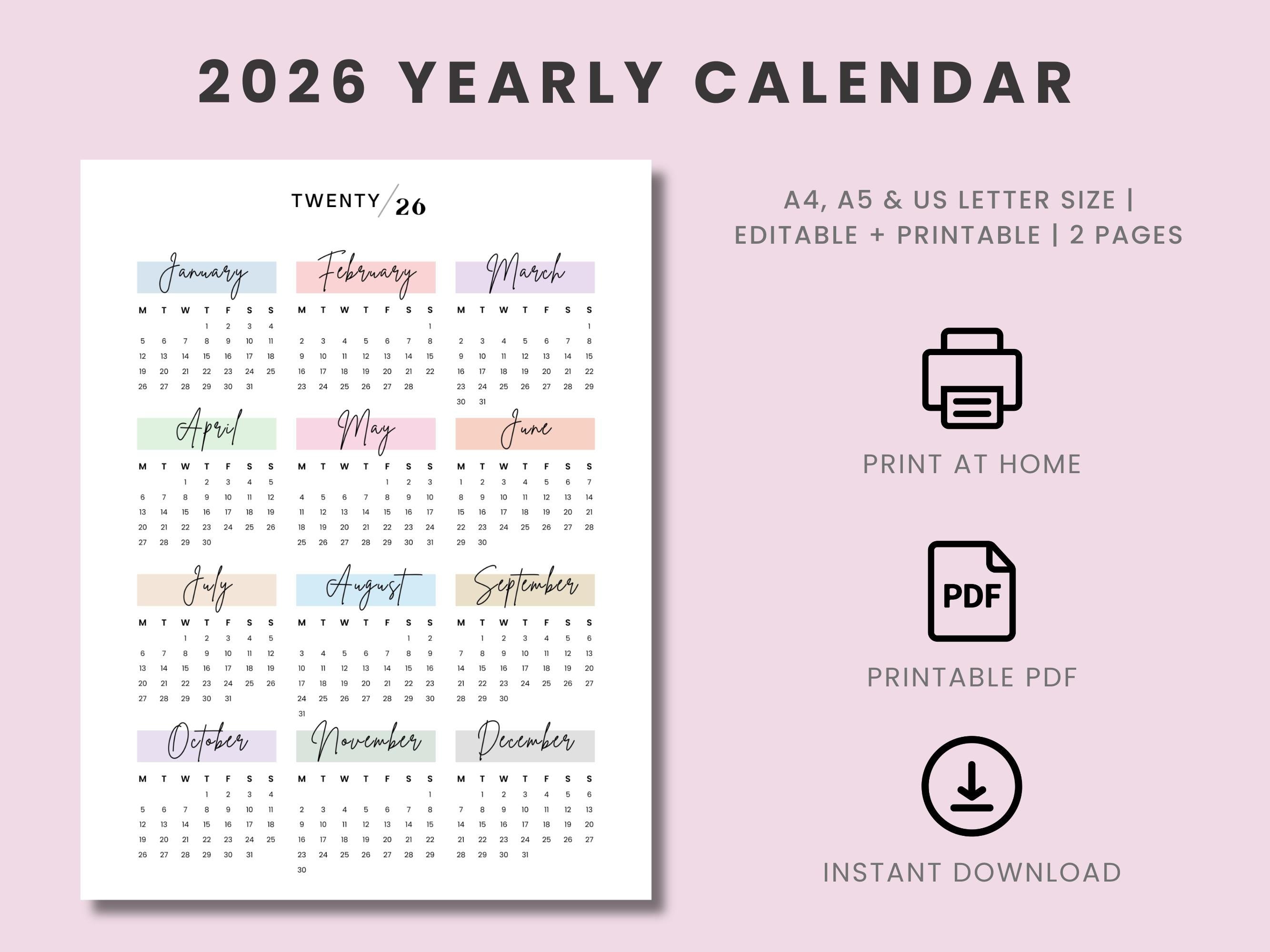 2026 Yearly Calendar Printable: A4, A5, Letter Size (PDF) - Etsy