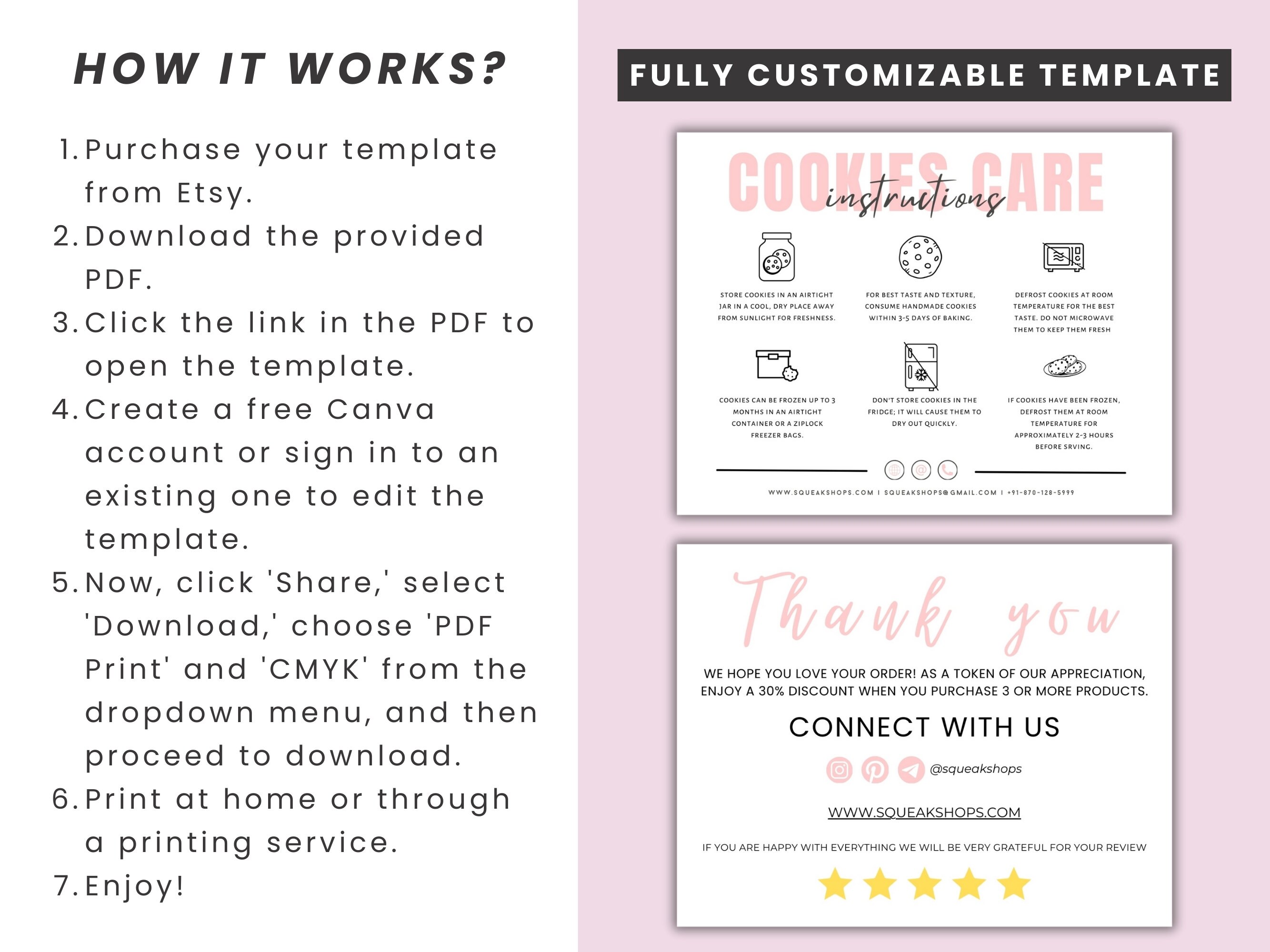 Cookies Care Card Template: Printable Bakery Instructions (5.5 X 4.25 ...