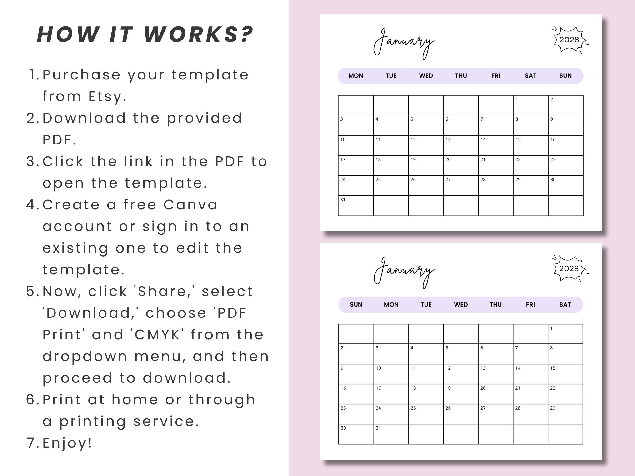 2028 Landscape Monthly Calendar Printable, Sunday & Monday Start ...
