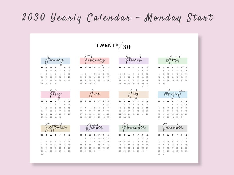 2030 Landscape Yearly Calendar, Printable 2030 Calendar, Sunday ...