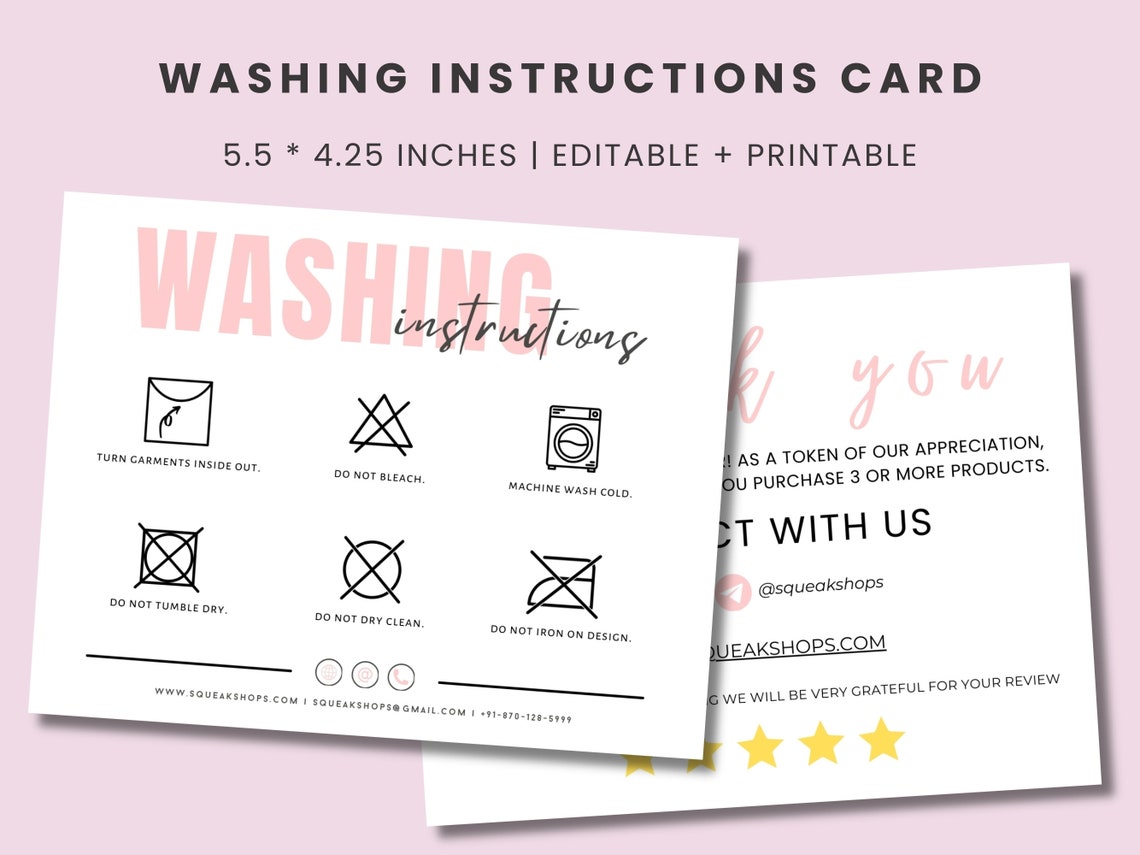 Printable Washing Instructions Card, Shirt Packaging Insert, Care Cards ...